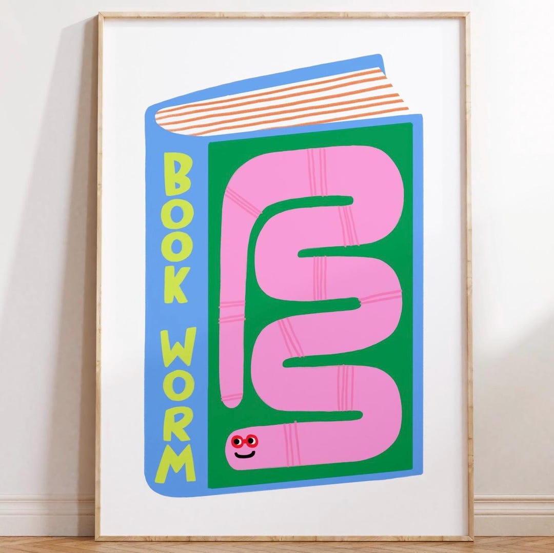 Book Worm Print, Reading Print, Book Print, Book Nook Print, Nursery ...