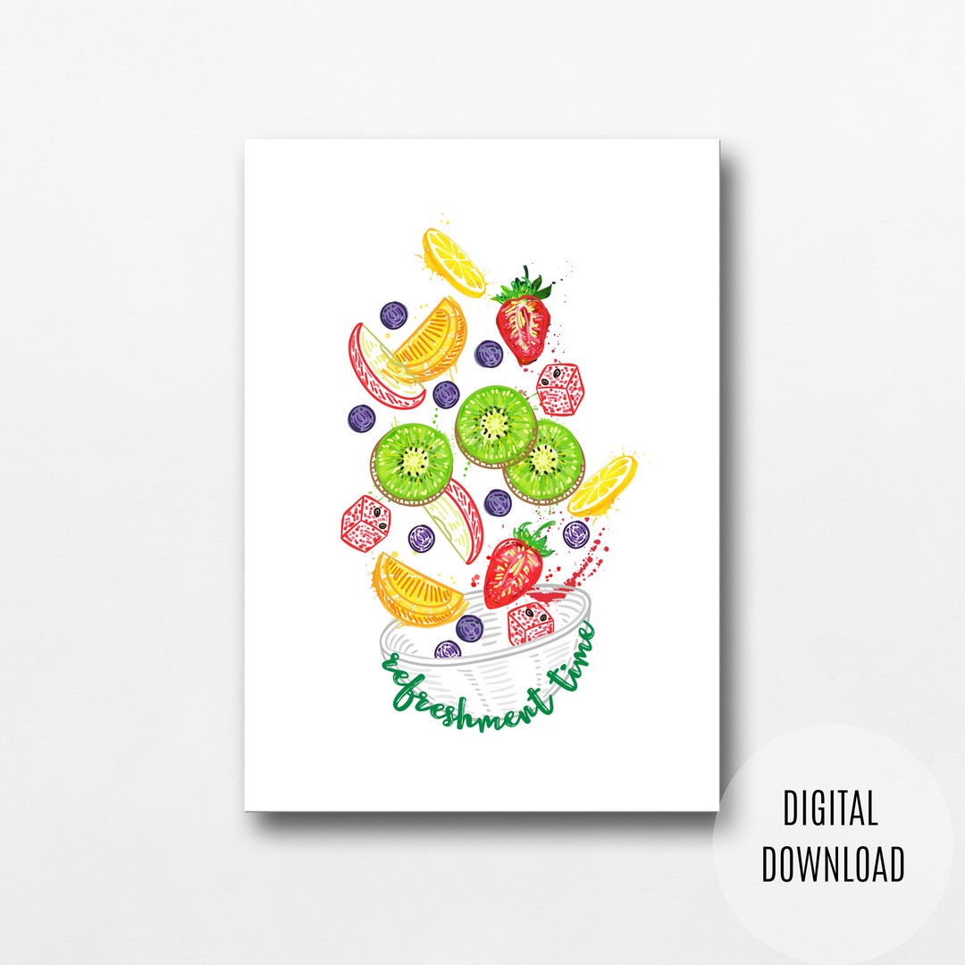 Fresh Fruit Bowl Art Print, Colorful Kitchen and Dining Wall Decor ...