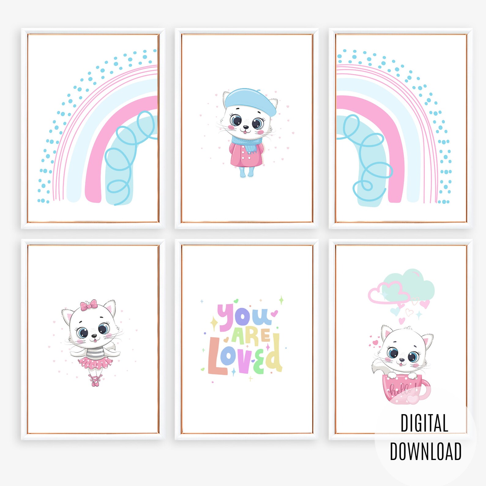 Printable Nursery Cat Prints, Kitten Baby Animals Wall Art, Pink ...