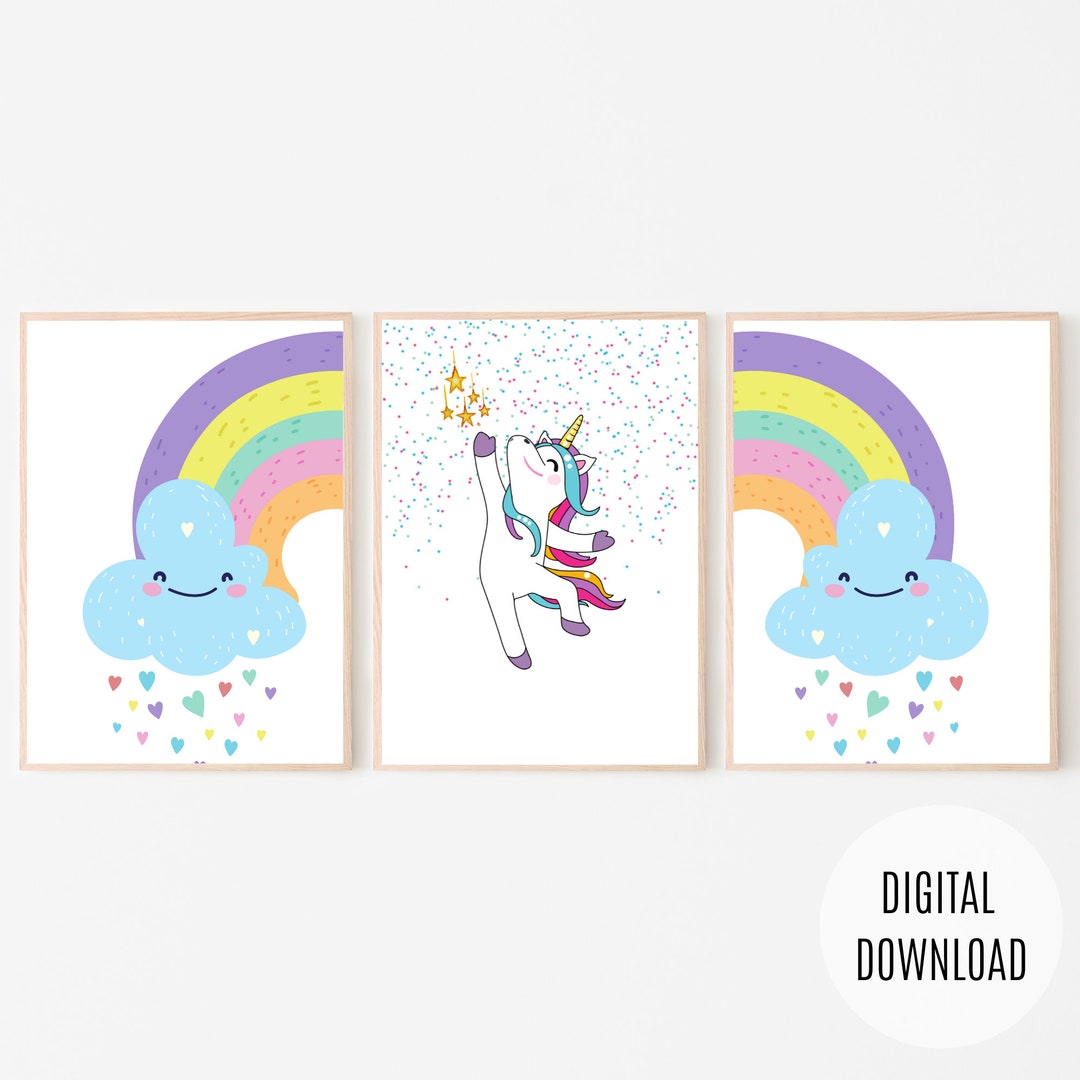 Rainbow Unicorn Printable Wall Art, Nursery Girls Bedroom Decor, Set of ...