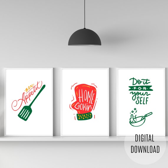 Set of 3 Kitchen Chef Wall Art Print Printable Home Cooking | Etsy