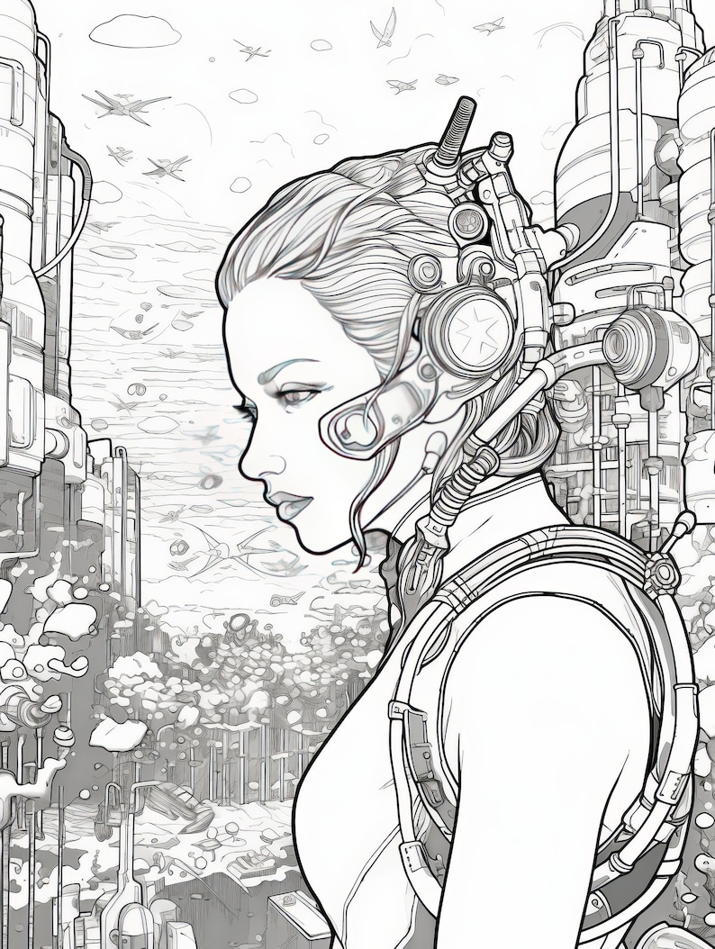 Sci Fi Cyborg Women Adult Coloring Book Printable Coloring Pages For