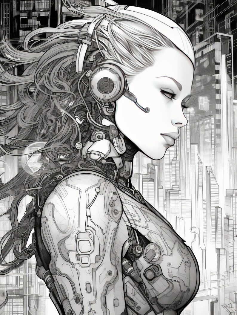 Sci-fi Cyborg Women Adult Coloring Book, Printable Coloring Pages for ...