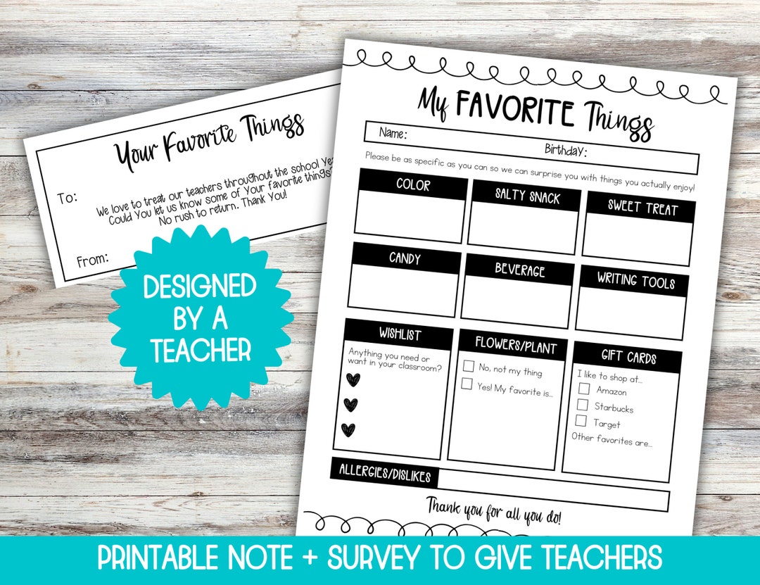 Teacher Favorite Things Questionnaire, Back to School Teacher Survey ...