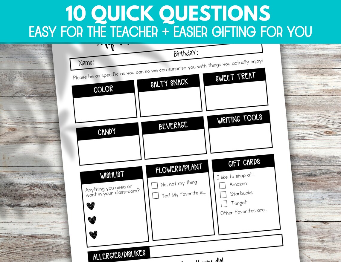 Teacher Favorite Things Questionnaire, Back to School Teacher Survey ...