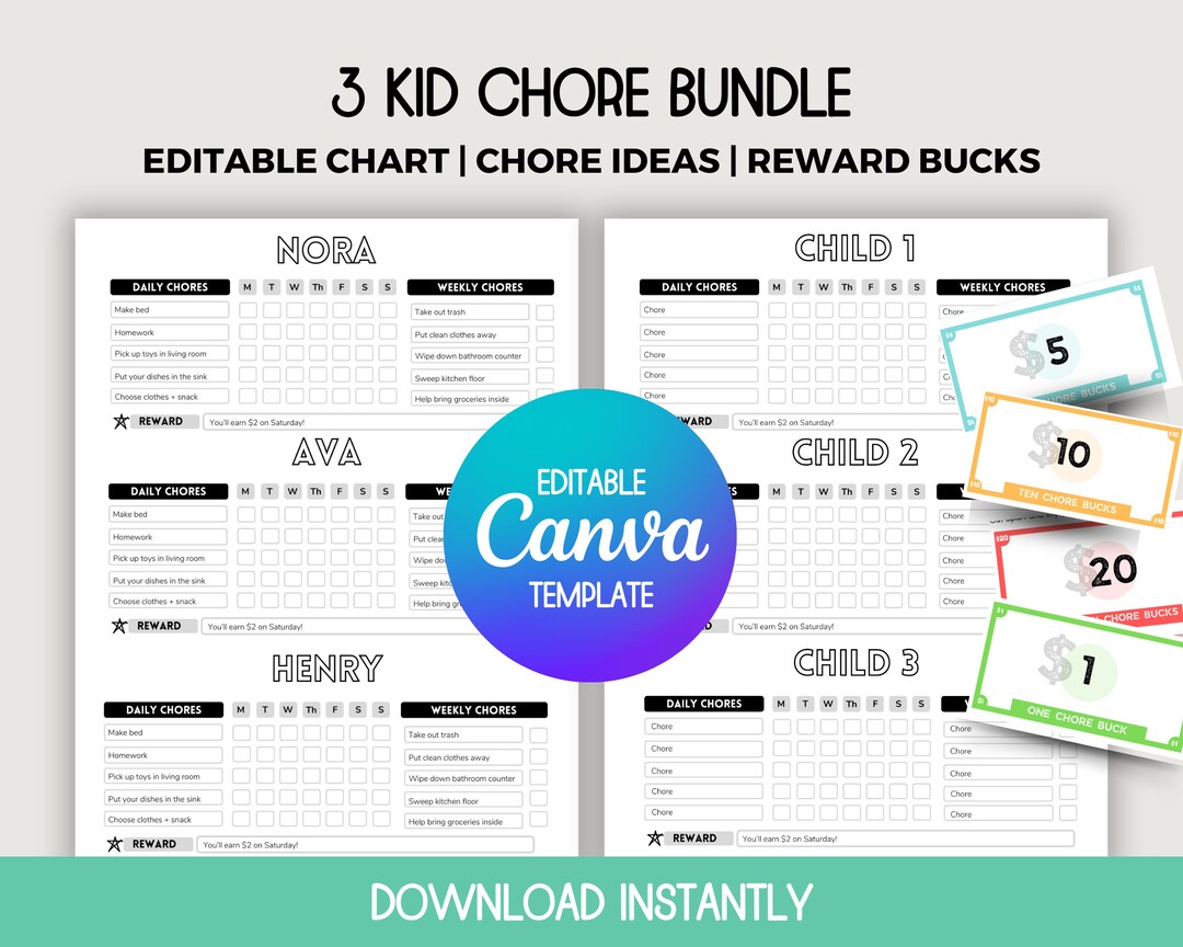 3 Kid Chore Chart, Editable Chore Chart, Fridge Chore Chart, Chore ...