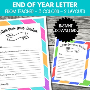 Teacher End of School Letter Printable, Teacher Goodbye Letter to Kids ...