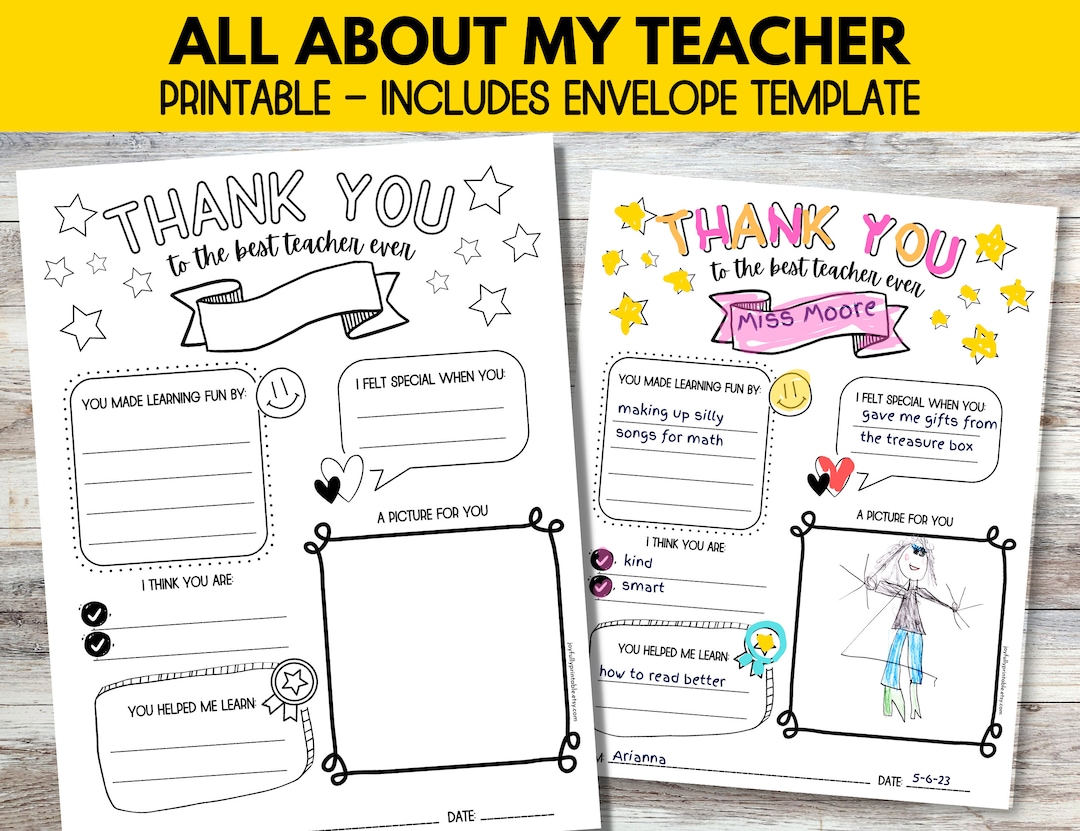 Teacher Appreciation Questionnaire, Printable Teacher Appreciation Card ...