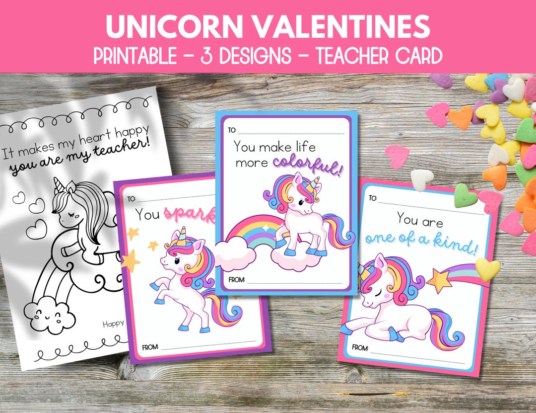 Unicorn Valentine, Printable Unicorn Valentines and Teacher Card ...