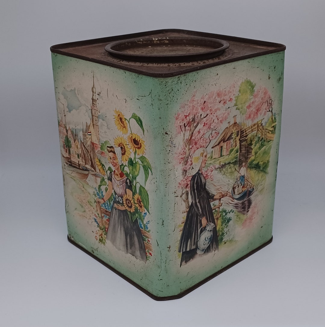 Large Vintage Early 1900's Dutch Cookie Tin Pastel Green With ...