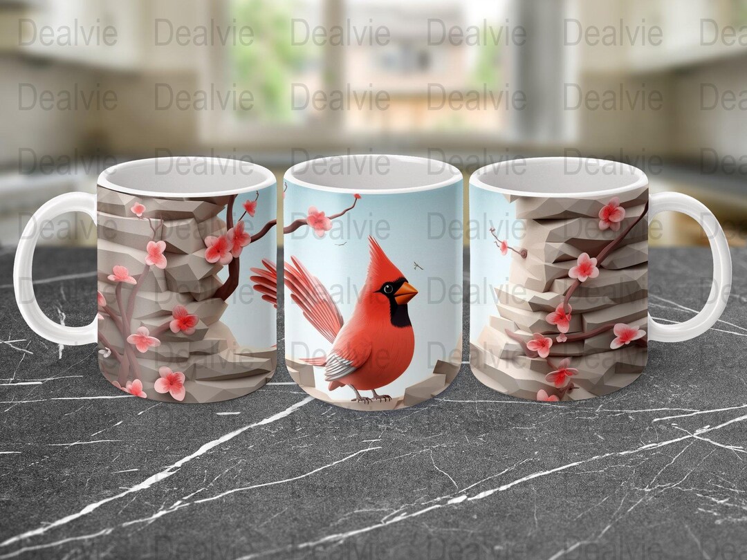 3D Red Cardinal Mug Wrap, 11oz and 15oz Mug Template, Mug Sublimation ...