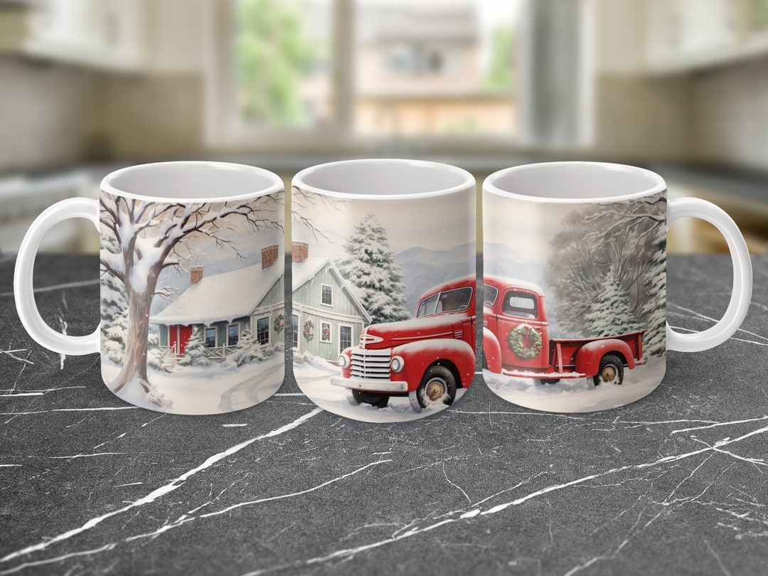 3D Vintage Red Christmas Truck Mug Wrap, 11oz and 15oz Mug Template ...