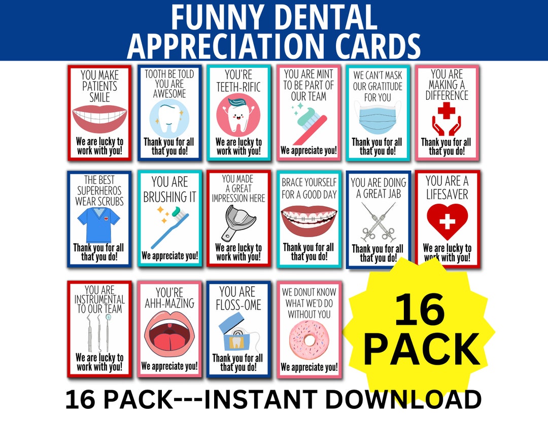 Dental Appreciation Cards, 16 Pack Funny Dental Pun Appreciation Cards ...