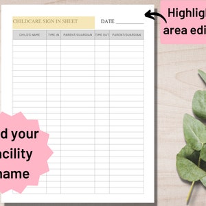 Childcare Editable Sign In/out Sheet Printable, Preschool Sign in Sign ...