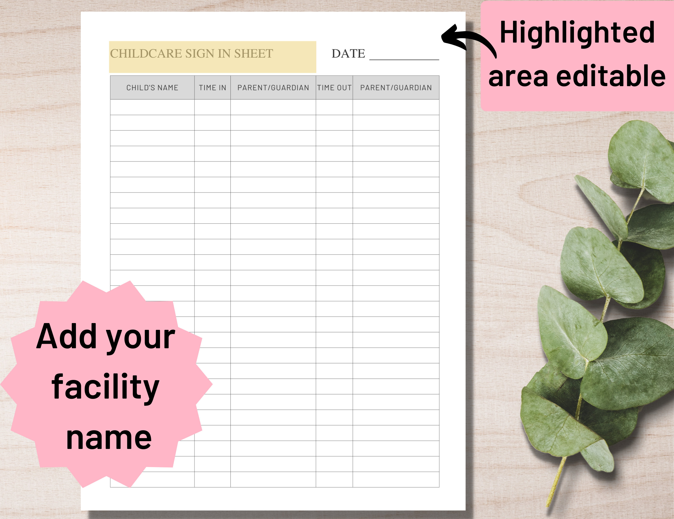 Childcare Editable Sign In/out Sheet Printable, Preschool Sign in Sign ...