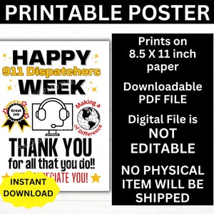 911 Dispatcher Week Printable Poster, Public Safety Telecommunications ...