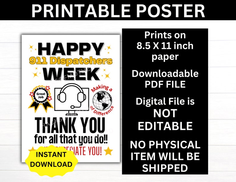 911 Dispatcher Week Printable Poster, Public Safety Telecommunications ...