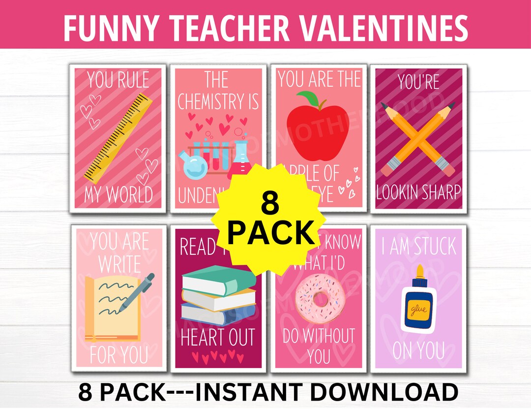 Funny Teacher Pun Valentine's Day Cards, 8 Pack Teacher Valentines ...