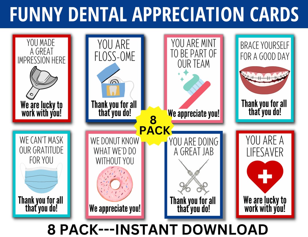 Dental Appreciation Cards, 8 Pack Funny Dental Pun Appreciation Cards ...