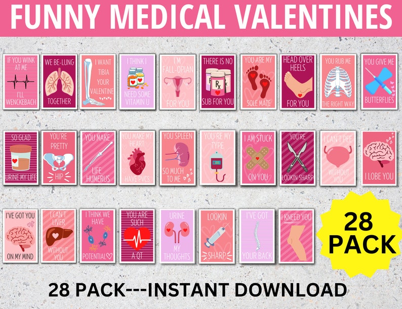 Funny Medical Valentine's Day Cards 28 Pack Medical Pun - Etsy