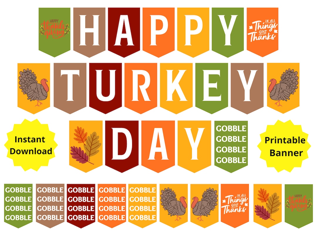 Thanksgiving Printable Banner, Happy Turkey Day Printable Sign ...