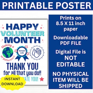 Volunteer Month Printable Poster, Happy Volunteer Month Sign, Volunteer ...
