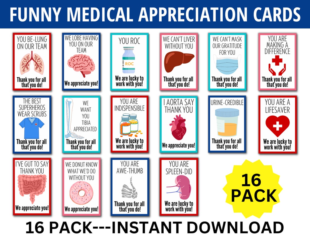 Funny Medical Appreciation Cards, 16 Pack Medical Pun Cards, Doctor ...