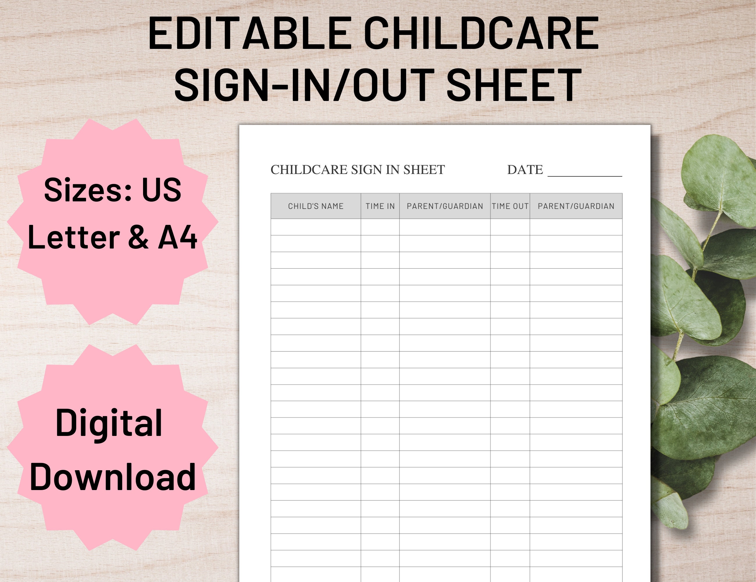 Childcare Editable Sign In/out Sheet Printable Preschool Sign - Etsy