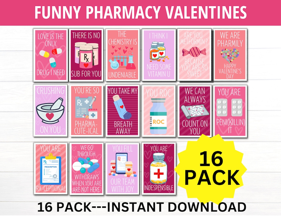 Funny Pharmacy Valentine's Day Cards, 16 Pack Pharmacy Pun Valentines ...