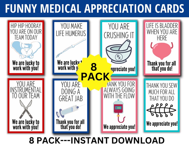 Funny Medical Appreciation Cards, 8 Pack Medical Pun Cards, Doctor ...