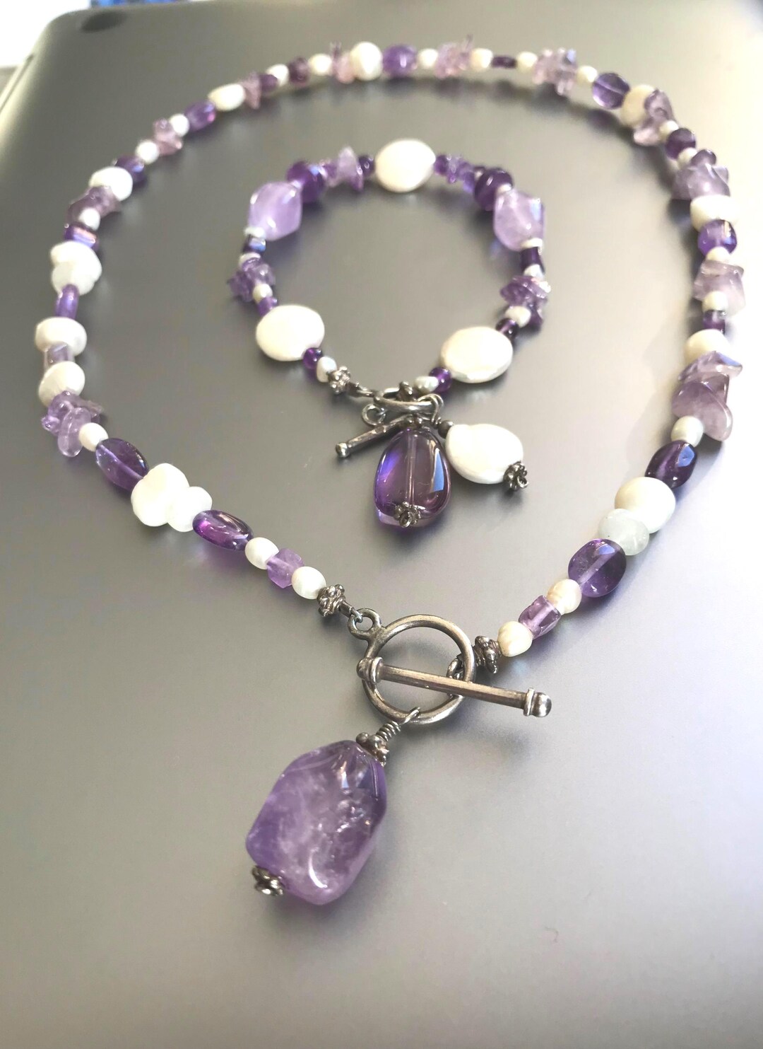 Vintage Amethyst and Pearls Jewelry Set Necklace and Bracelet Purple ...