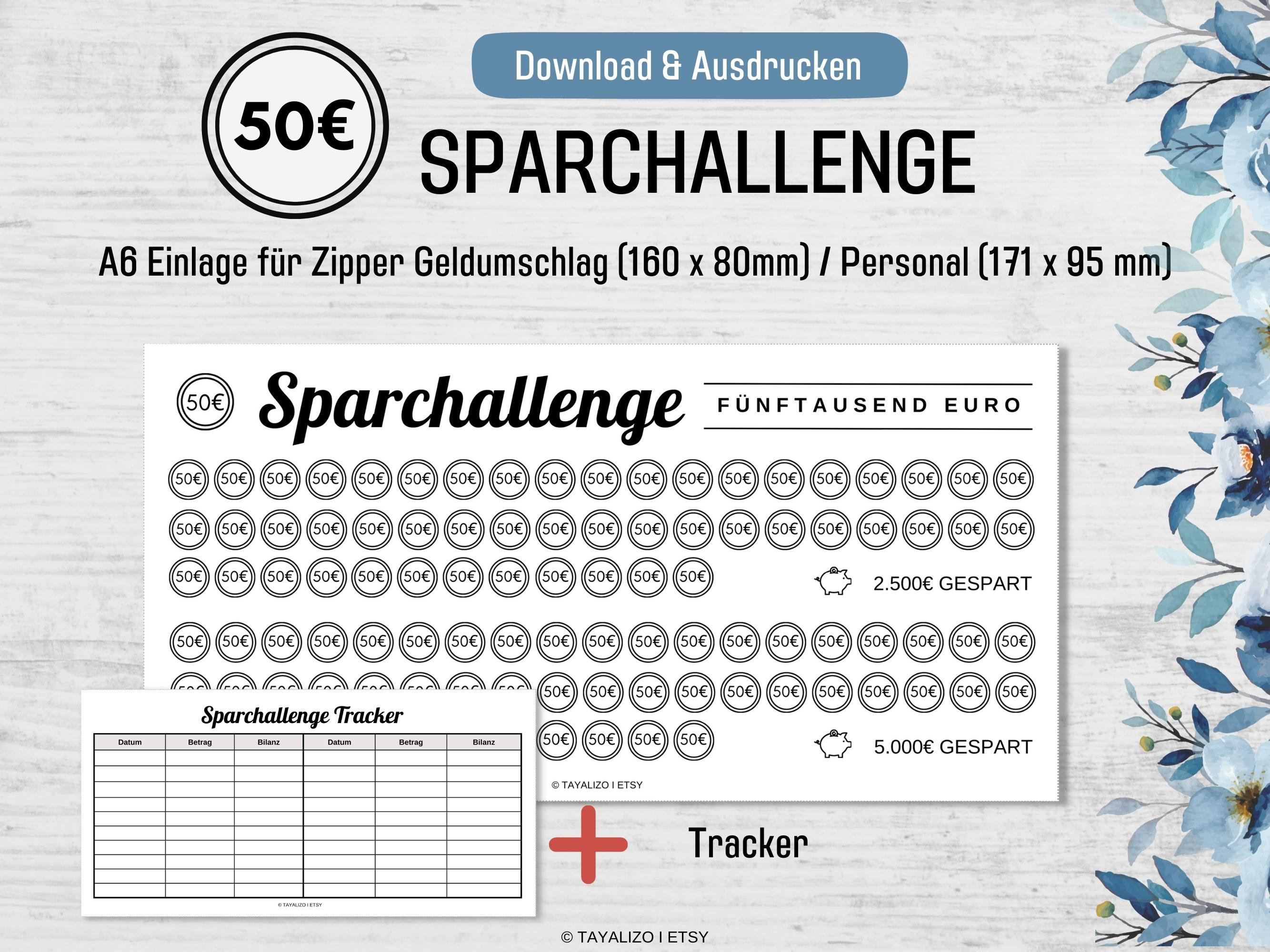 50 Euro Spar Challenge Tracker I 5000 Euro Save I Inserts A6 ...