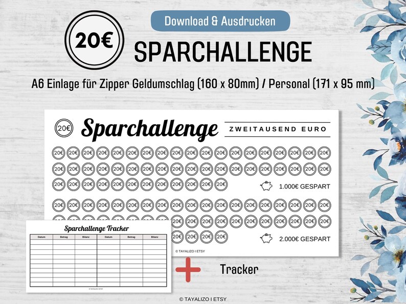 20 Euro Spar Challenge Tracker I 2000 Euro Save I Deposits A6 ...