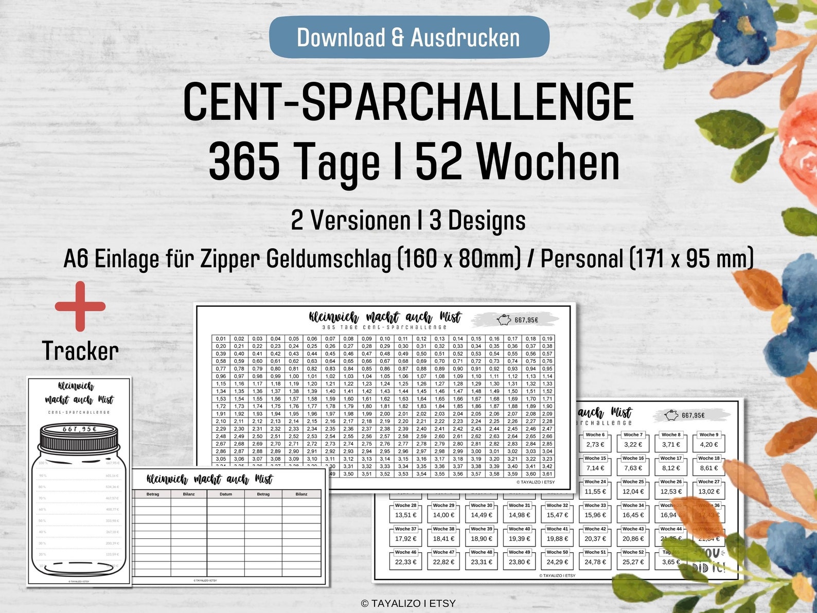 Cent Spar Challenge I 2 Versionen I Einlagen A6 Budgetbinder Zipperumschlag und PERSONAL I PDF ...