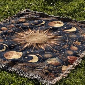Vintage Wildflower Sun & Moon Woven Blanket, Antique Cottagecore Dark ...