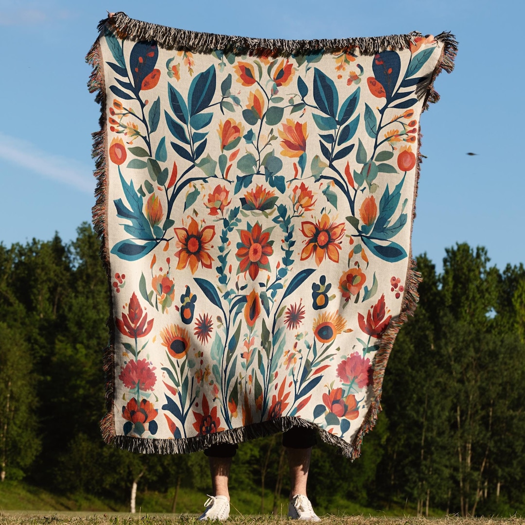 Scandinavian Art Norwegian Folk Floral Woven Blanket, Dark Cottage Core ...