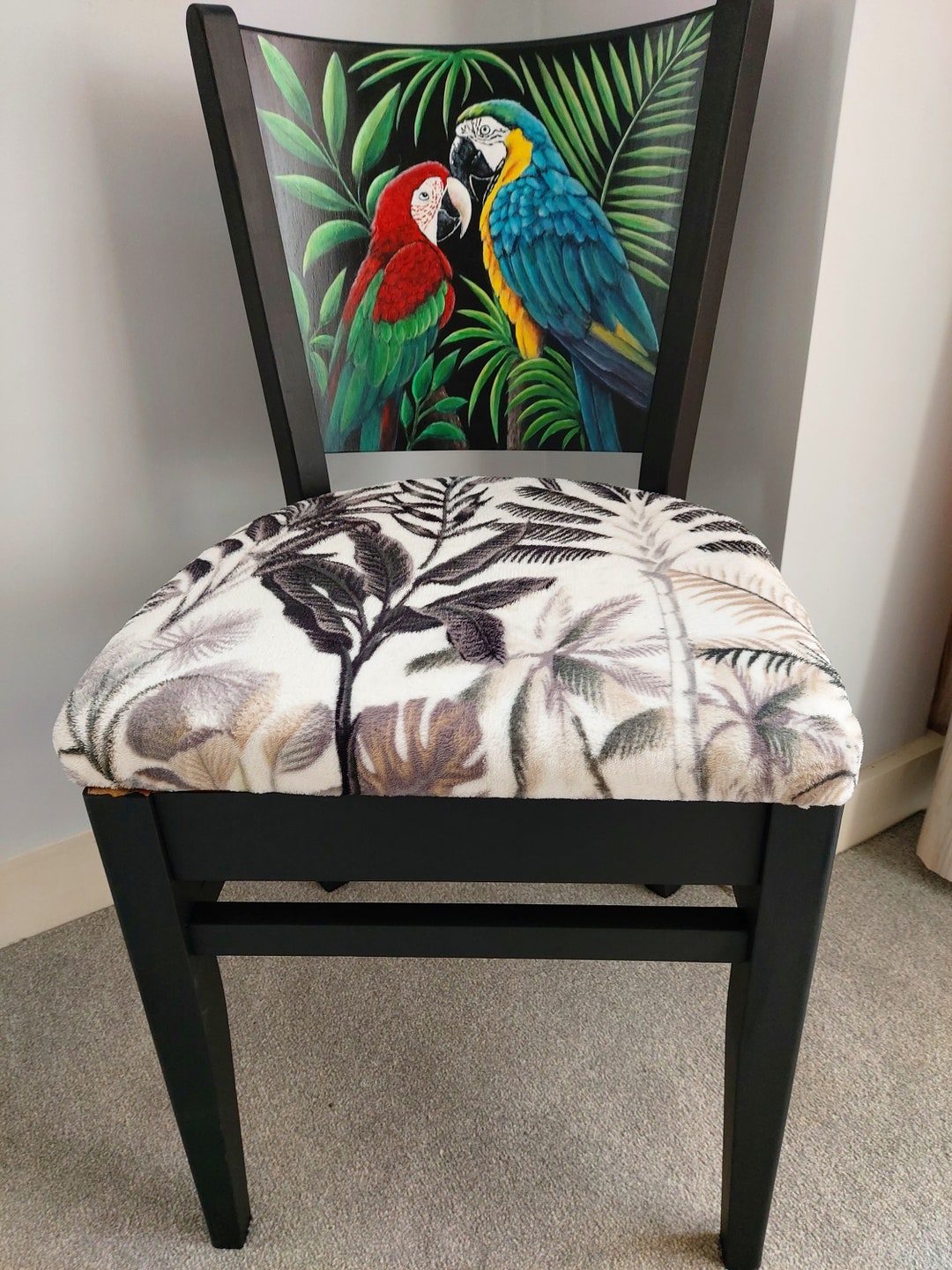 Parrot Chair. Black Chair. Animal. Jungle Chair. Hand Painted. Tropical ...