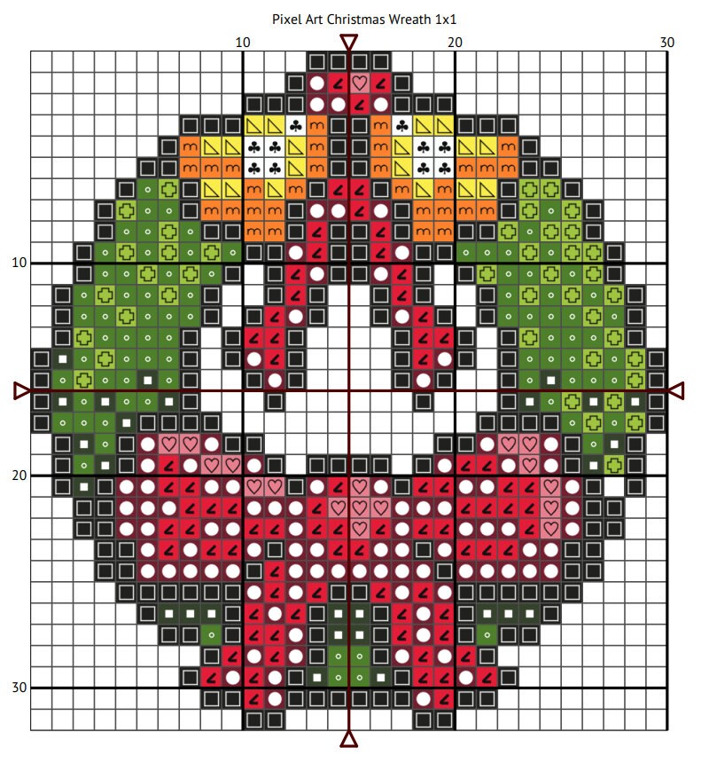 Cross Stitch Christmas Wreath - Easy Pixel Art Christmas Pattern in ...