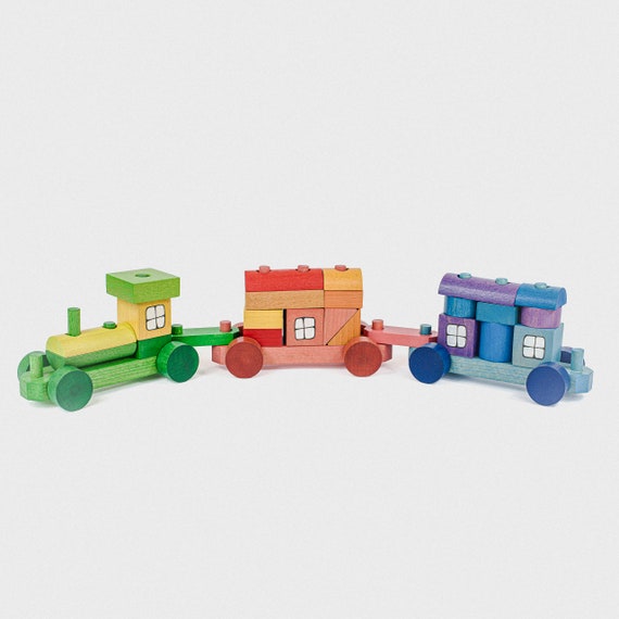 Little Train With Colourful EKO Wooden Blocks Handmade - Etsy