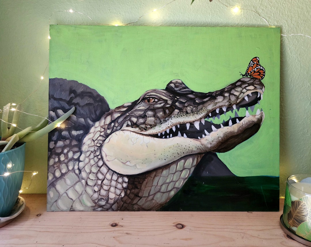 Original Oil Painting Alligator and Butterfly on Canvas Board 16"×20 ...