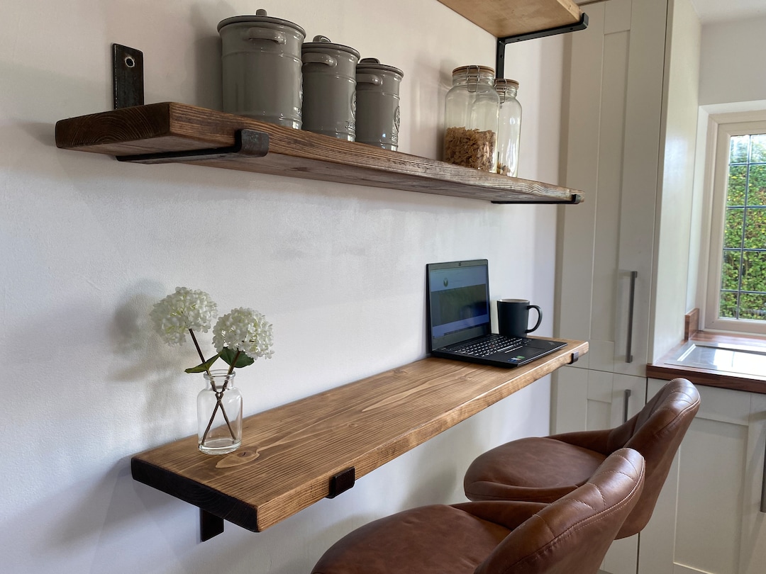 Wooden Breakfast Bar Wall Mounted on Stylish Steel Brackets With a ...