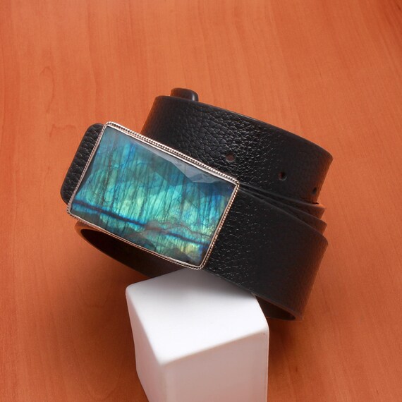 Blue Fire Labradorite Gemstone Belt Buckle Luxury Leather - Etsy