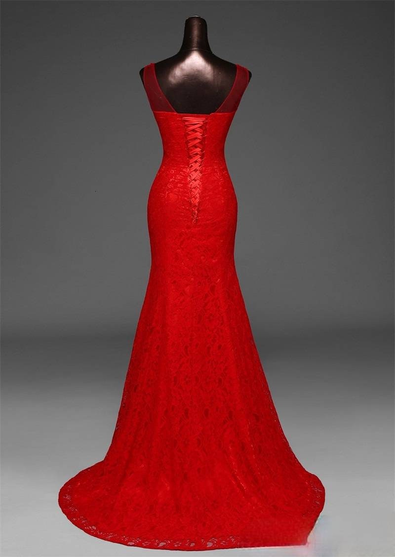 Red Lace Mermaid Dress, Red Prom Dress, Red Bridesmaid Dress, Wedding ...
