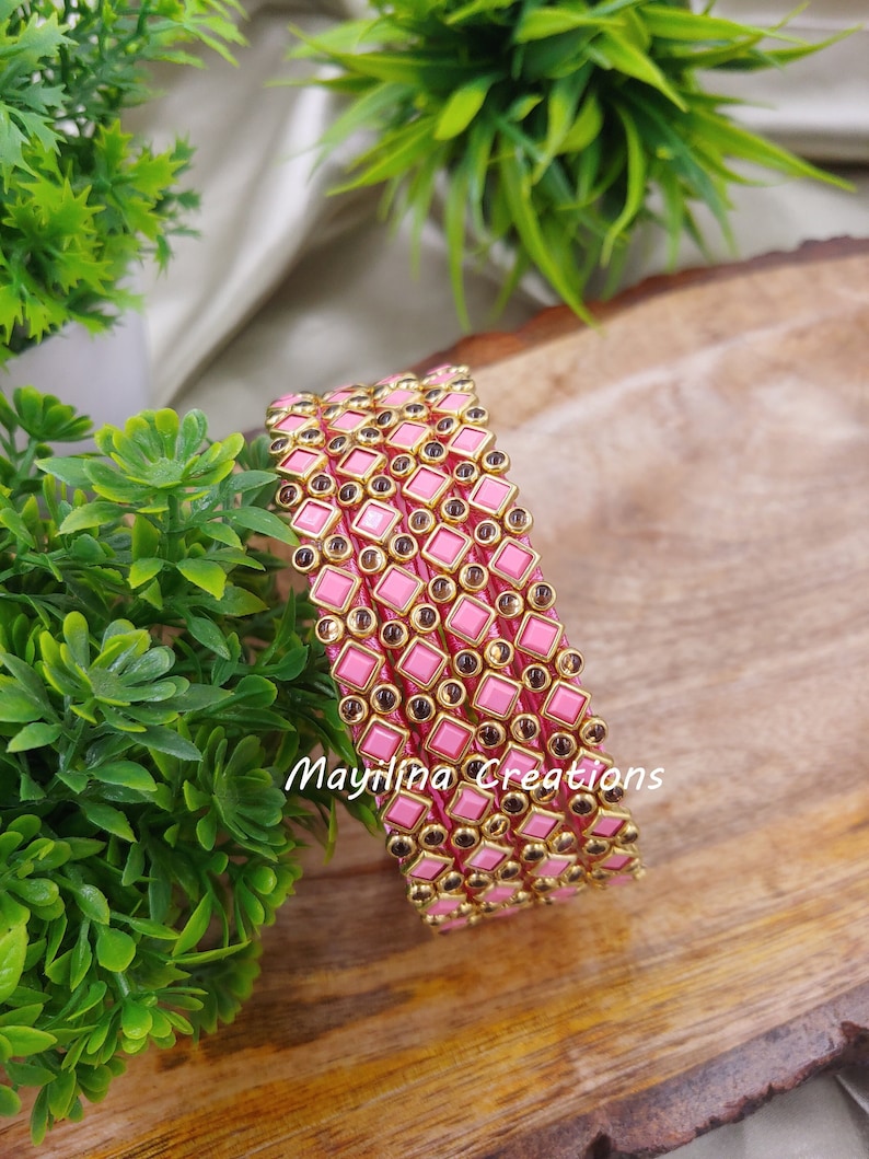 Pink Silk Thread Kundan Bangles(set of 4 Bangles) for Women, - Etsy
