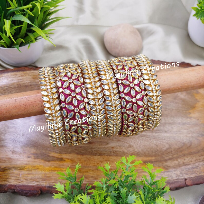 Silk Thread Kundan Ethnic Indian Bangles (set of 6) for Women | Heavy ...