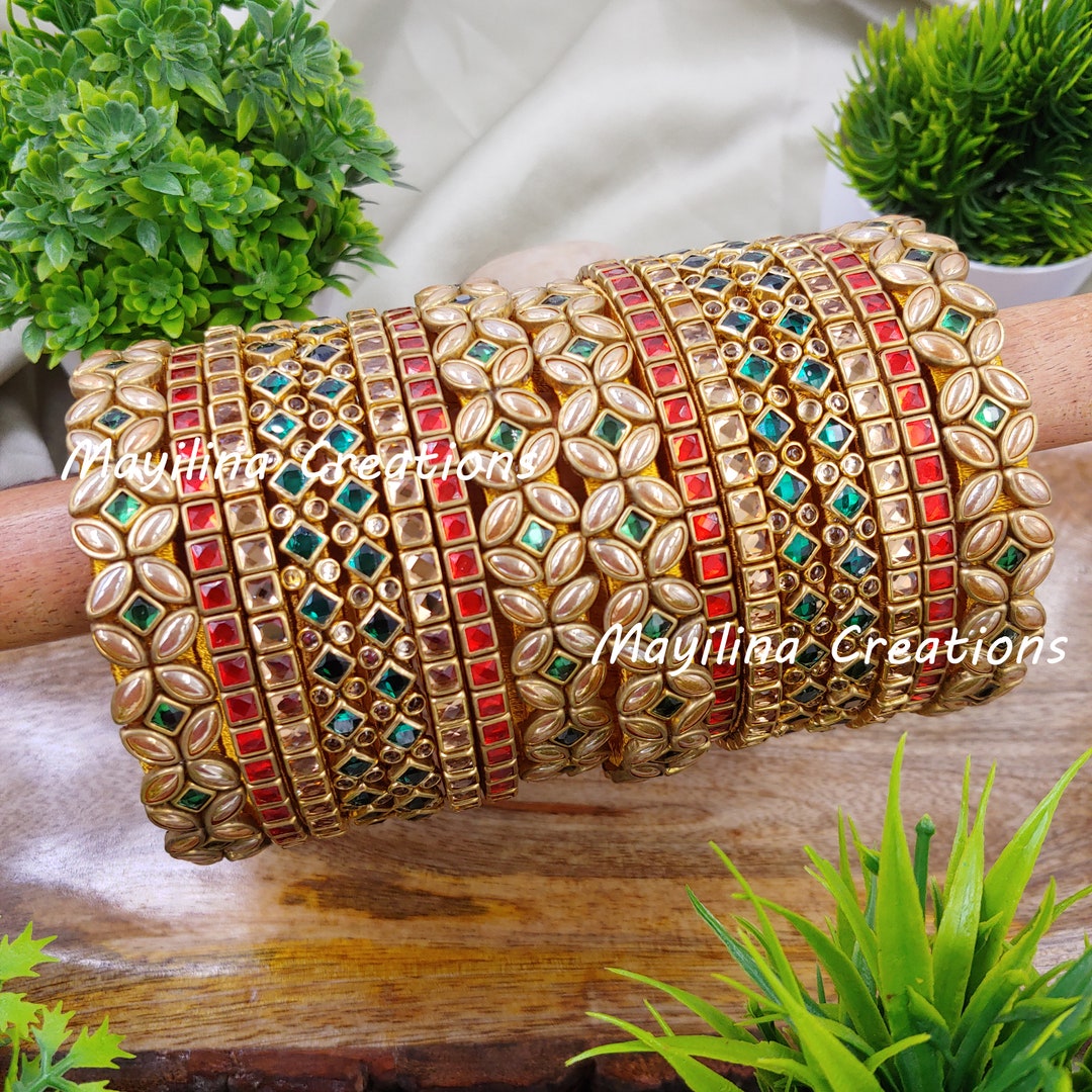 Red and Green Kundan Silk Thread Bridal Bangles for Wedding, Bridal ...