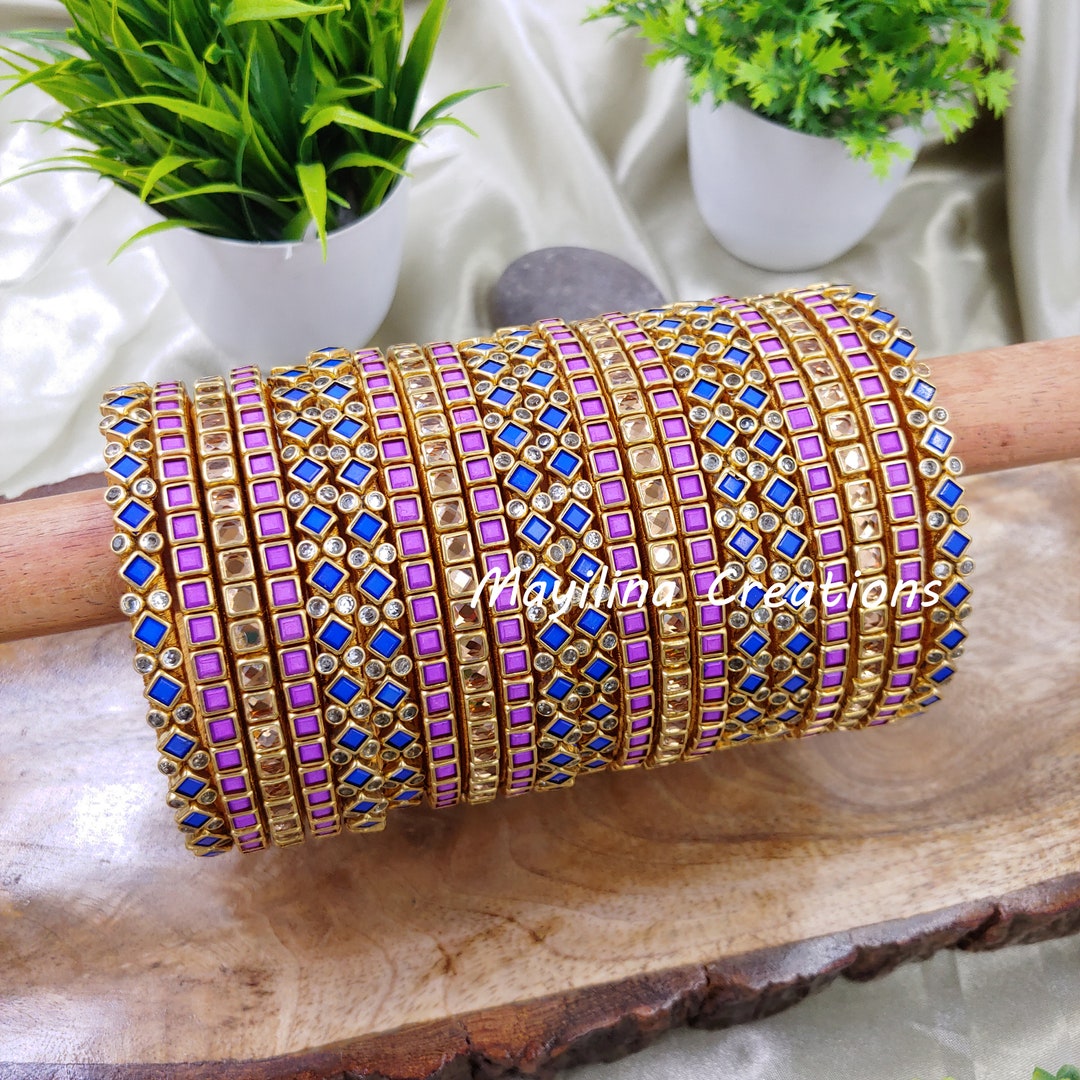 Violet and Blue Kundan Bridal Bangles for Wedding, Baby Shower, Sangeet ...