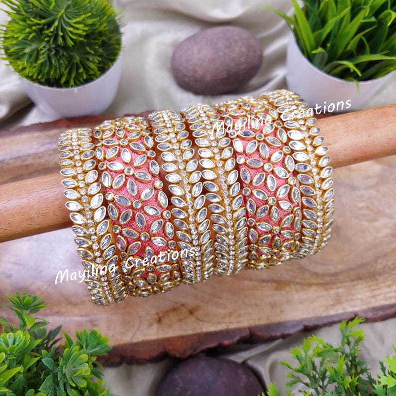 Silk Thread Kundan Ethnic Indian Bangles (set of 6) for Women | Heavy ...