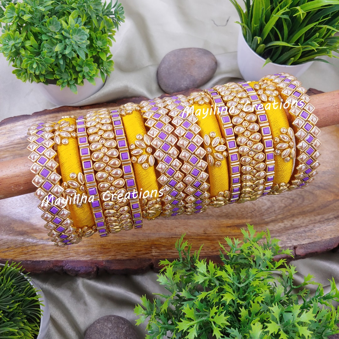 Rich Kundan Silk Thread Bangles for Women |yellow Kundan Bangles for ...