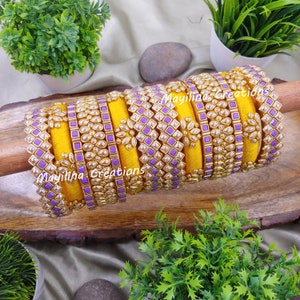 Rich Kundan Silk Thread Bangles for Women |yellow Kundan Bangles for ...